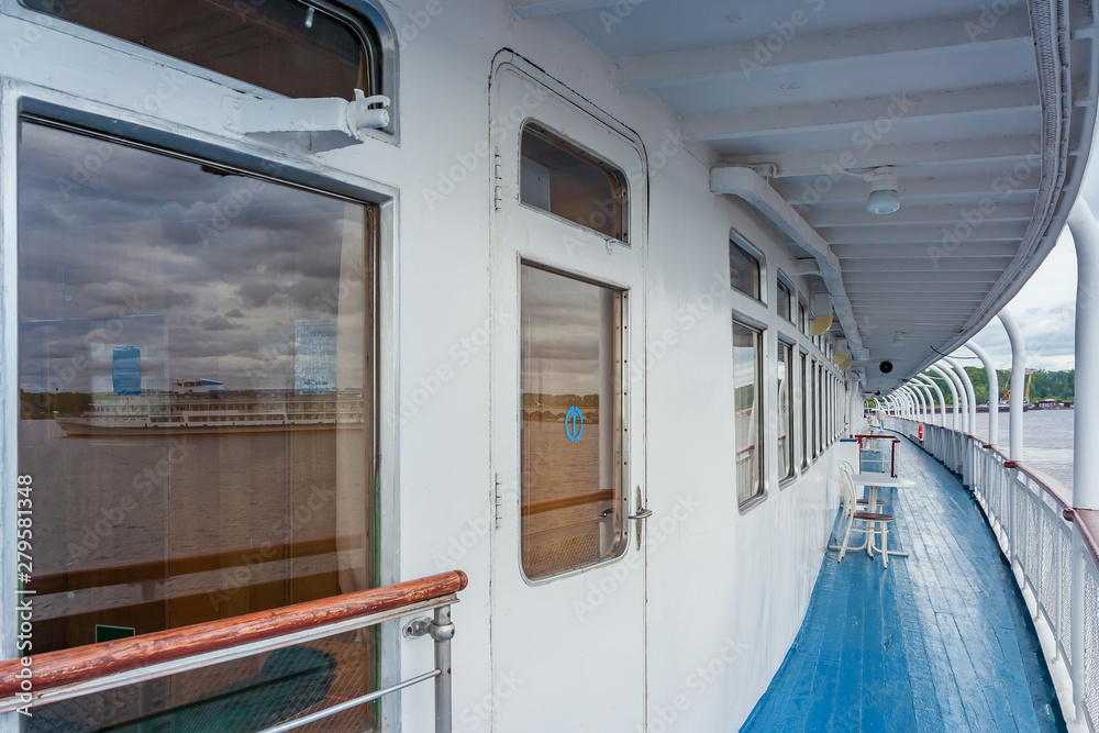 Deck of a ship with reflection of a passenger ship in the window Stock ...