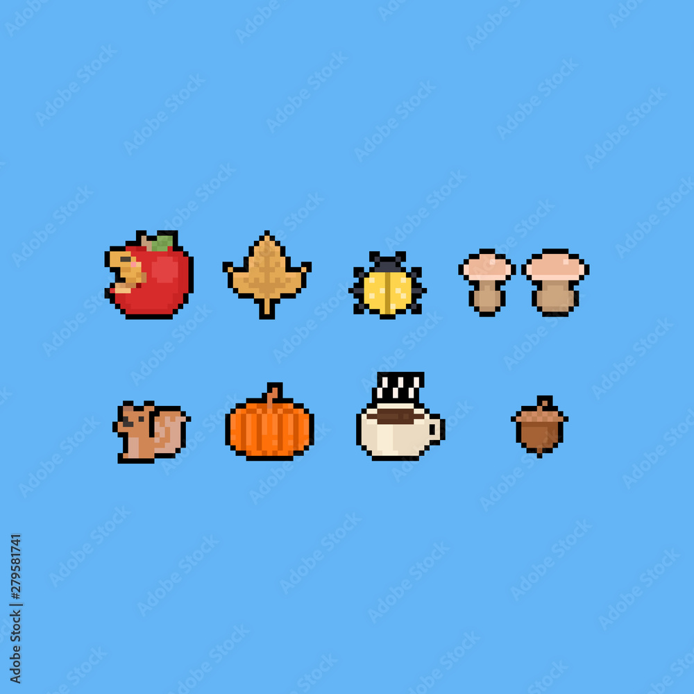 Pixel art cartoon autumn icon set.8bit. Stock Vector | Adobe Stock