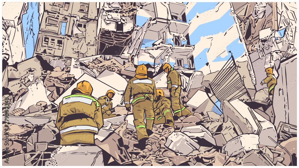 Illustration of fire fighters at collapsed building due to earthquake ...