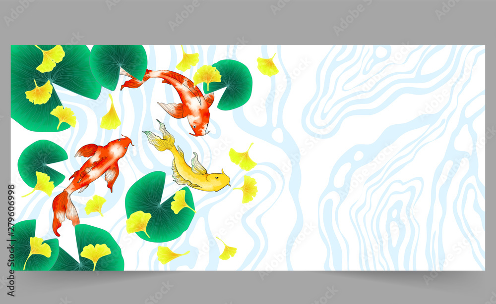 Autumn banner template with illustration of japanese pond with koi carp ...
