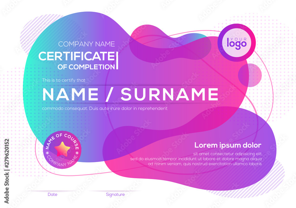 modern certificate of completion template with vibrant bold color fluid ...