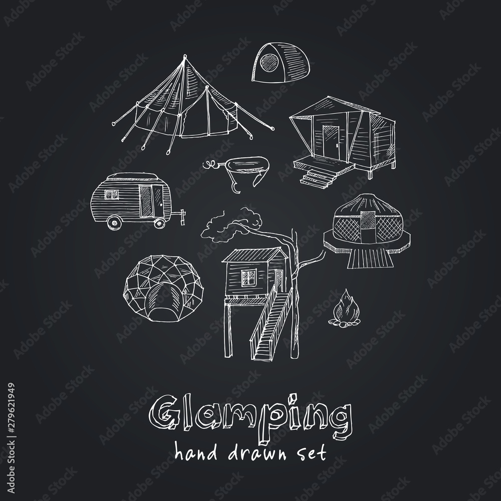 Glamping hand drawn doodle set. Vector illustration. Isolated elements ...
