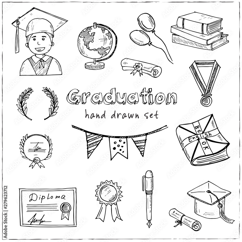 Graduation hand drawn doodle set. Vector illustration. Isolated ...