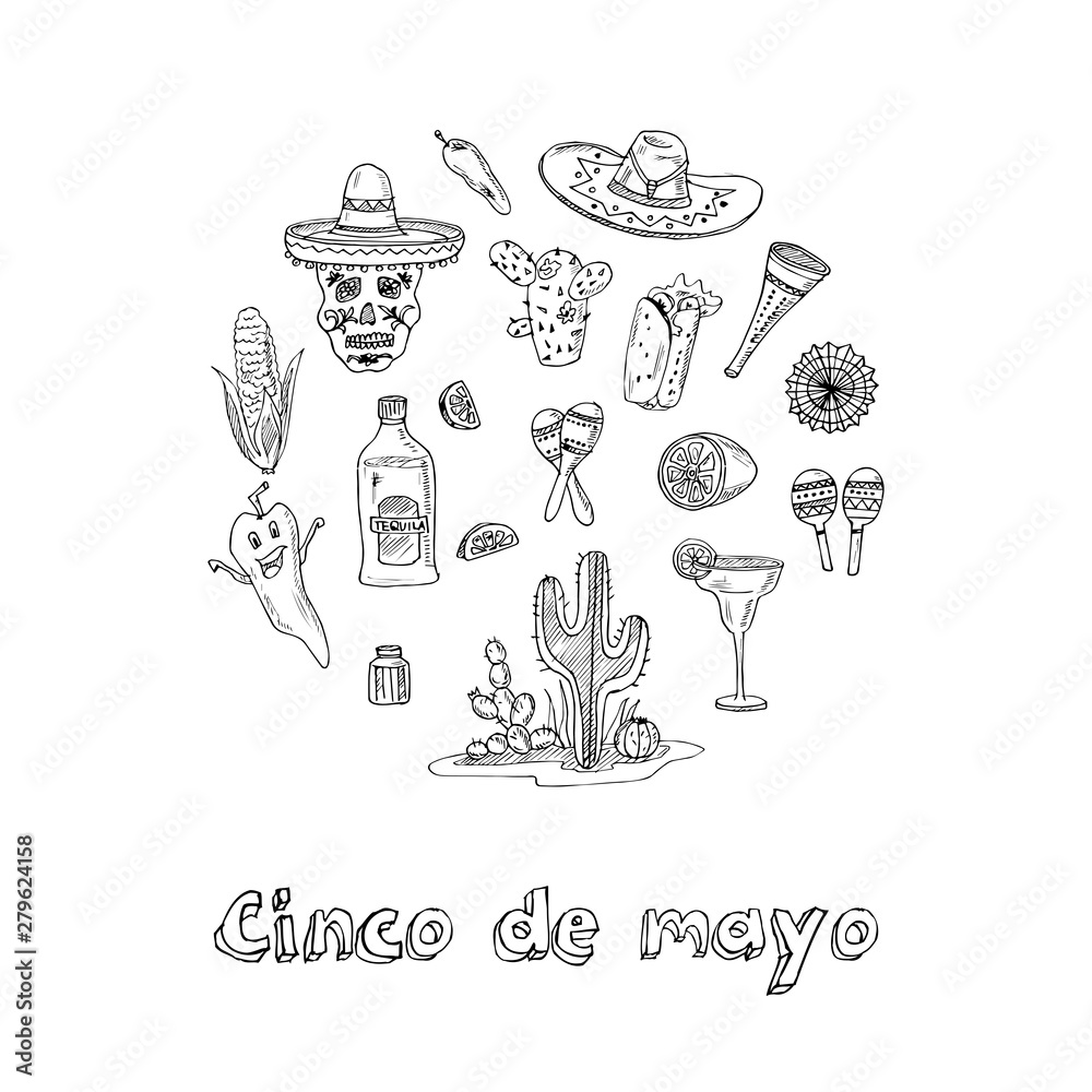 Cinco de Mayo Hand drawn doodle set. Vector illustration. Isolated ...