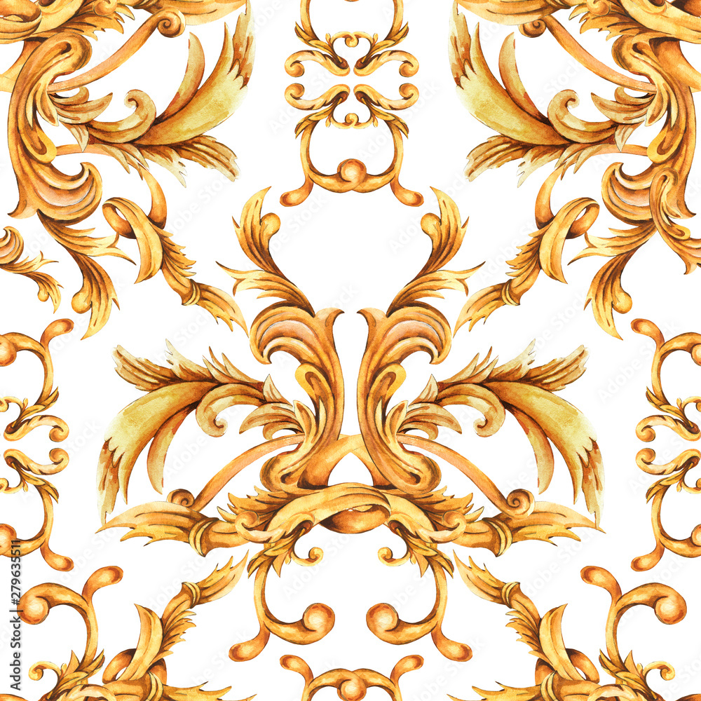 Watercolor golden baroque seamless pattern, rococo ornament texture ...