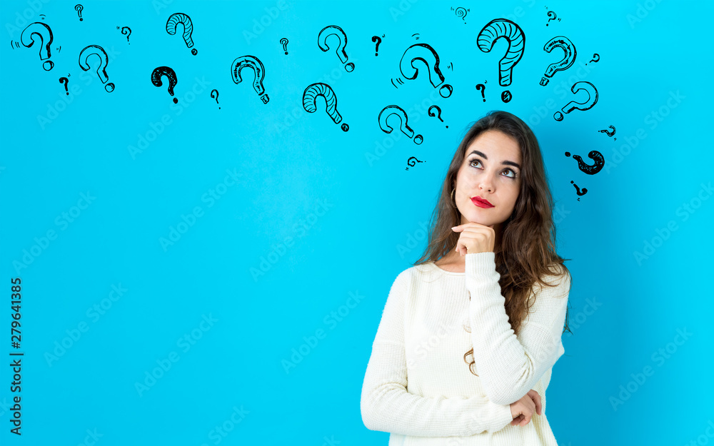 Question marks with young woman in a thoughtful face Stock Photo ...