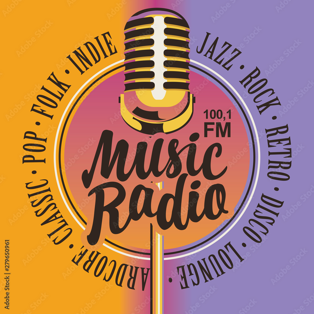 Vector banner for music radio station with microphone and inscription ...