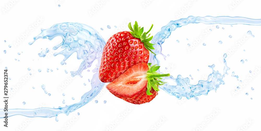 Fresh cold pure flavored water with strawberry wave 3D splash isolated ...