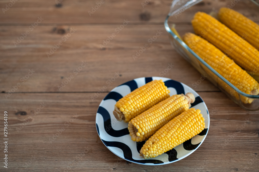 Boiled corn ready. cooked corn on the Cob. golden colored boiled corn ...