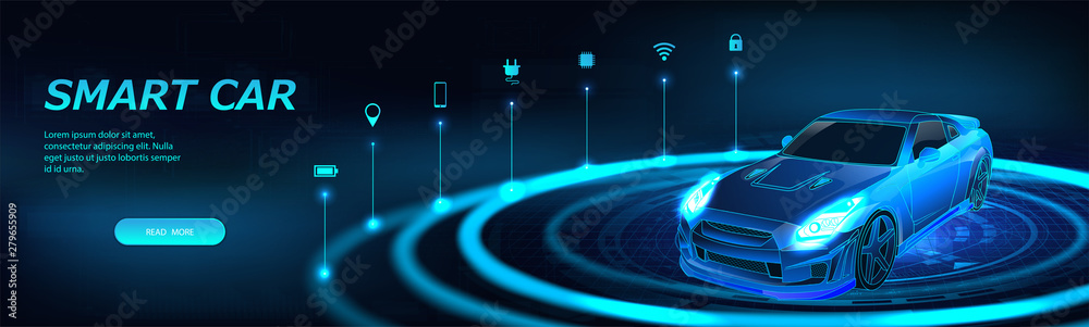Isometric smart car banner. Autonomous car with icons. Electric machine ...