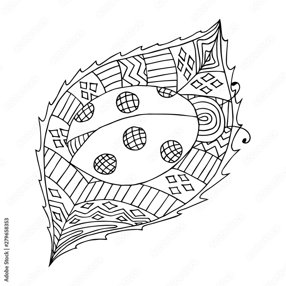 Ladybug and leaf. Hand drawn coloring page. Hand drawn vector ...