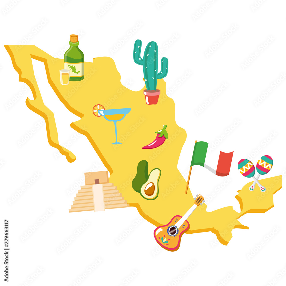 mexico map with set cultural icons Stock Vector | Adobe Stock