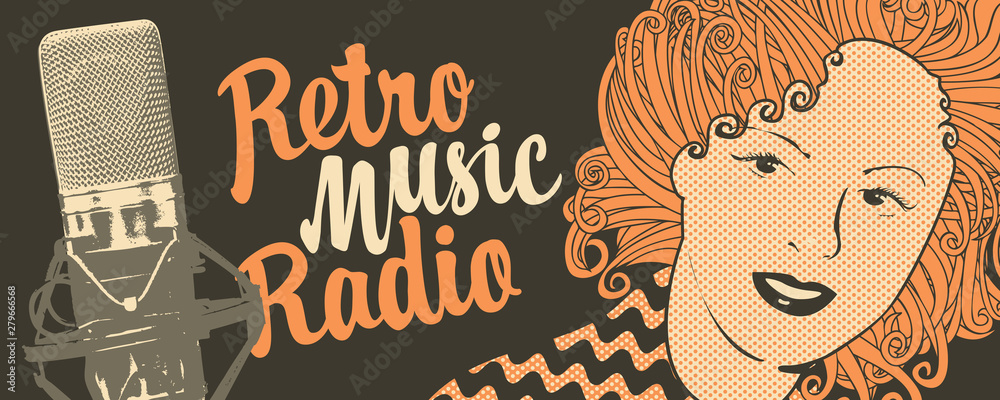 Vector banner for radio station with studio microphone, woman face and ...