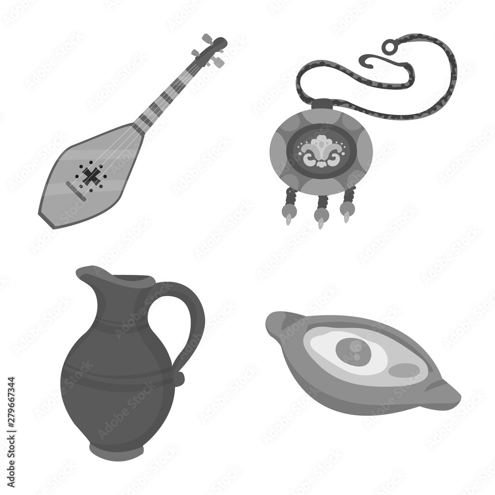 Vector illustration of attributes and tourism symbol. Set of attributes ...