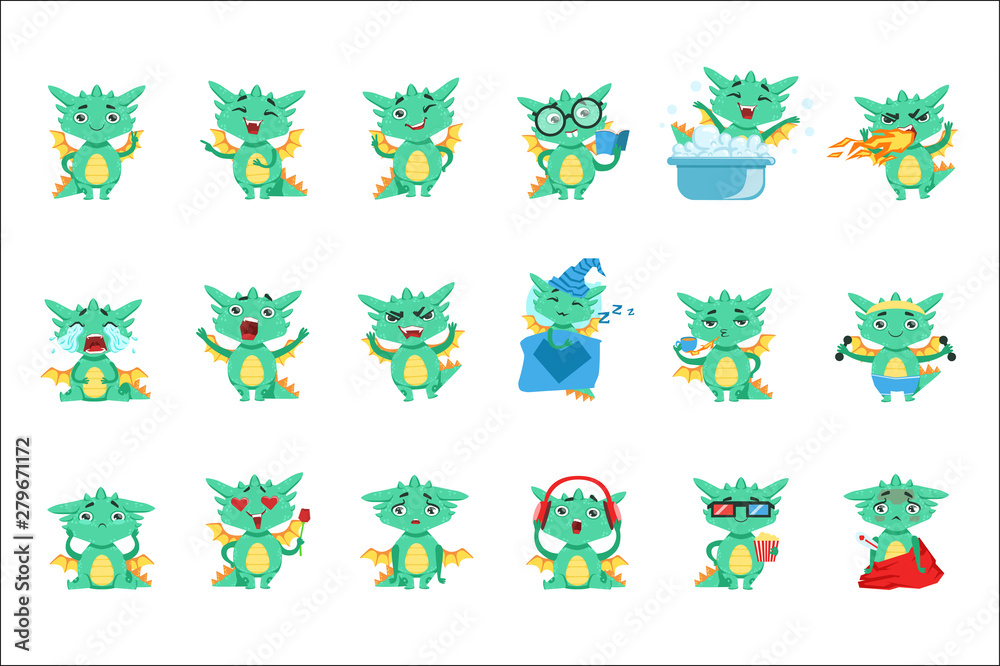 Little Dragon Cute Emoji Set. Cute Detailed Stickers With Childish ...
