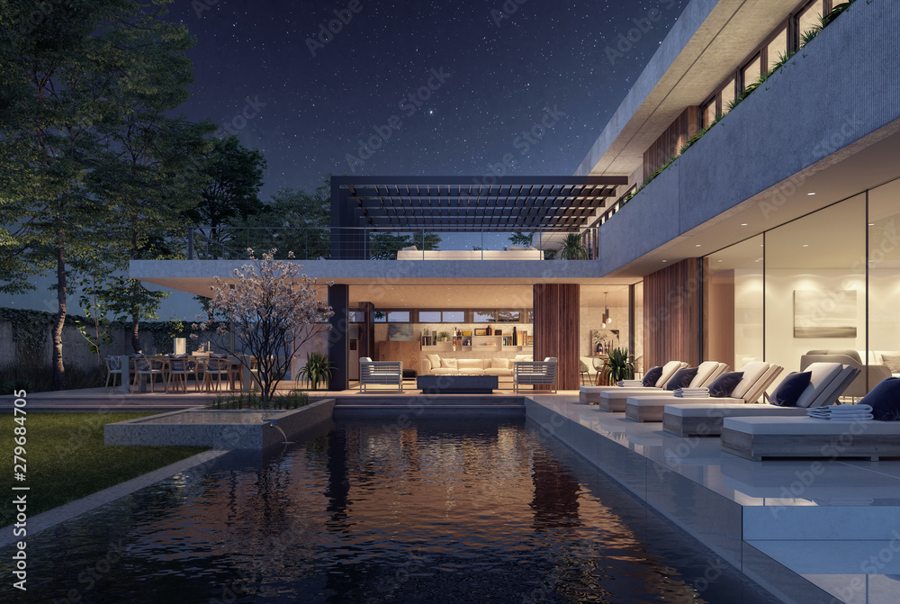 Modern house exterior design at night with swimming pool 3D Rendering ...