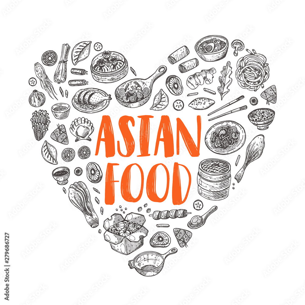 Vetor de Asian food icon. Shape of a heart. Sweet and sour. Chinese ...