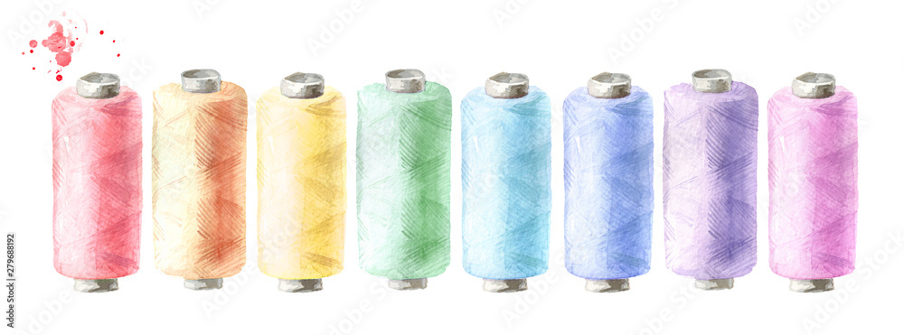 Set of sewing threads in different colors. Watercolor hand drawn ...
