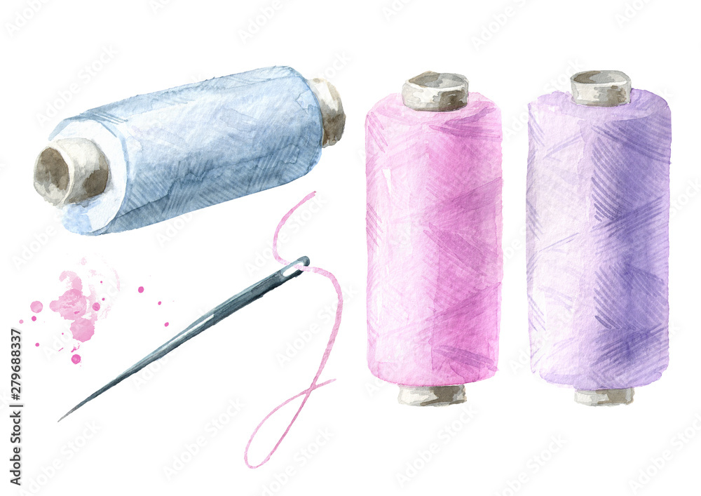 Spool of thread and needle set. Watercolor hand drawn illustration ...