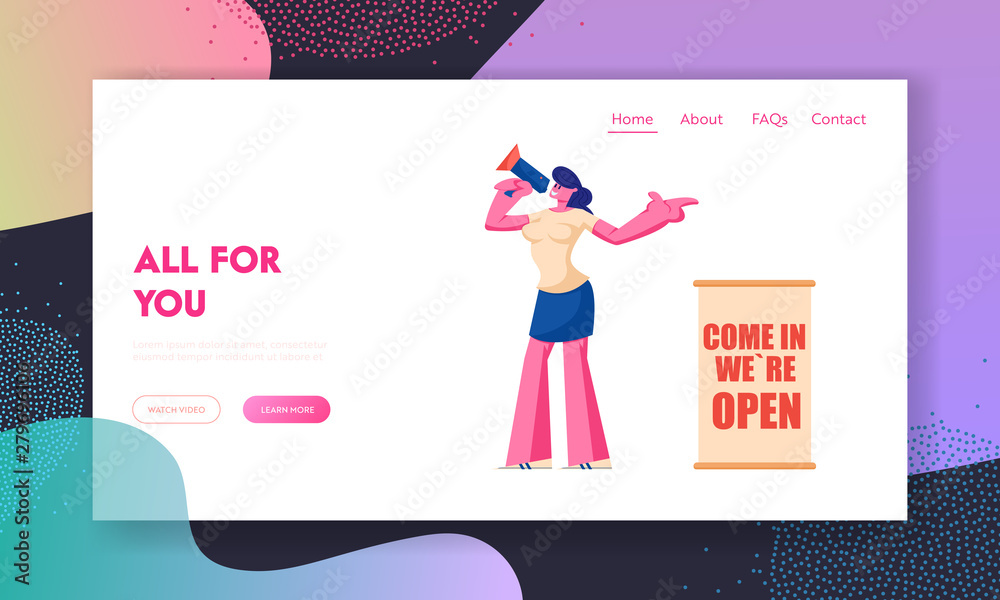 Boutique Open Event Website Landing Page, Girl Promoter with Megaphone ...