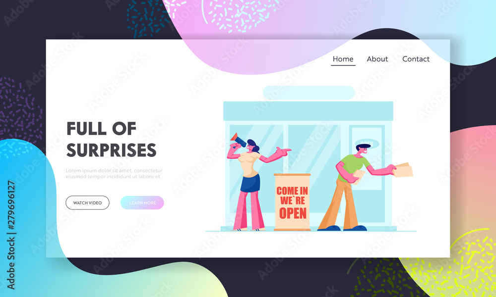 Shop Open Event Website Landing Page, Promoters with Megaphone Giving ...