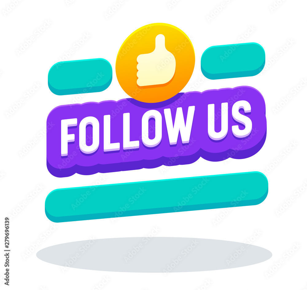 Follow Us Banner in Memphis Style with Typography, Thumb Up, Button ...