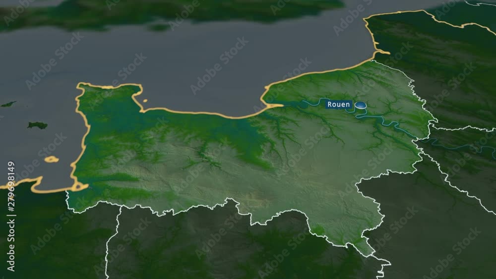 Normandie - region of France with its capital zoomed on the physical ...