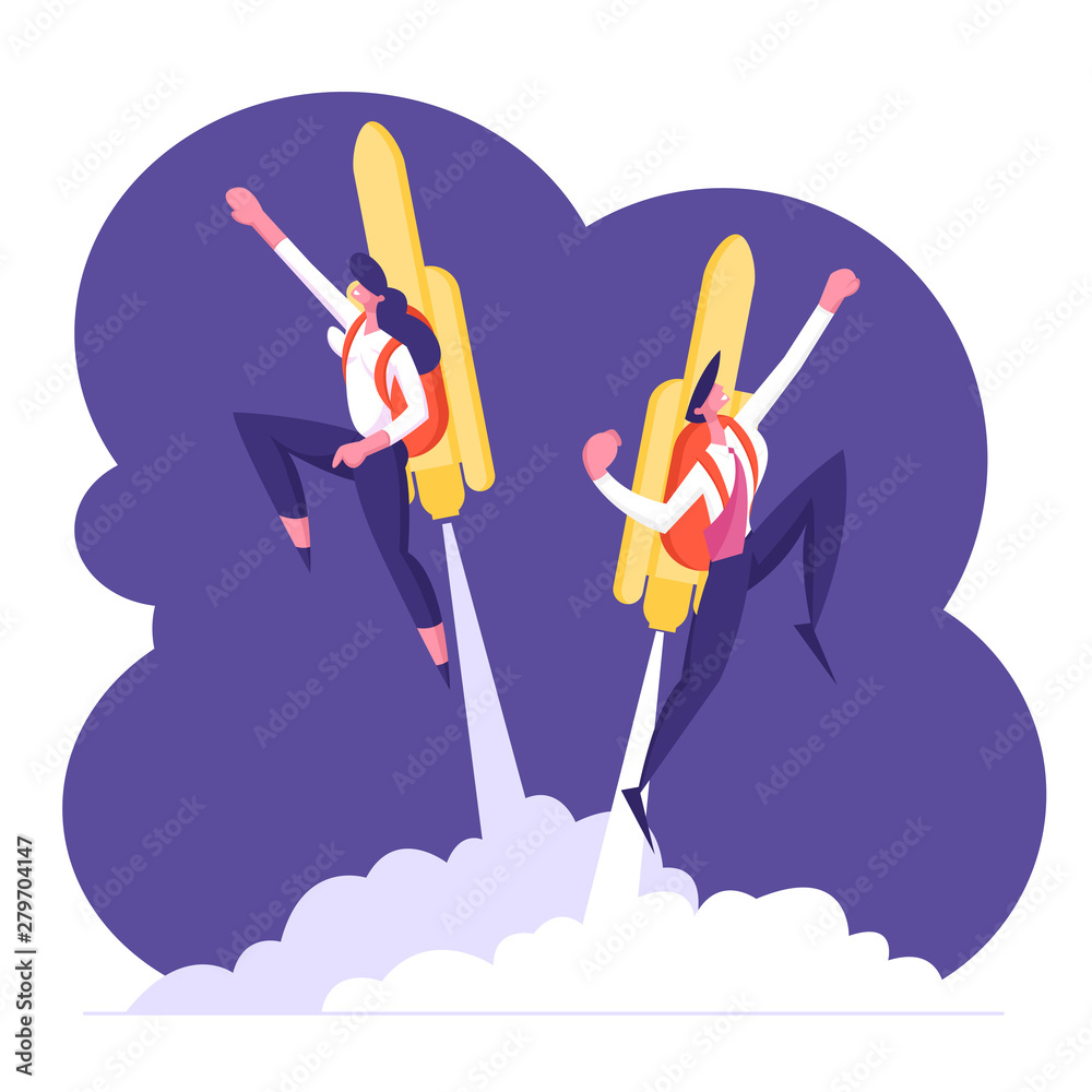 Couple of Cheerful Business Man and Woman Characters Flying Off with ...