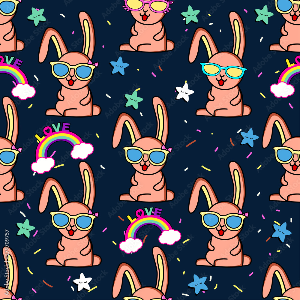 Cute kids rabbit pattern for girls and boys. Colorful rabbit, stars ...