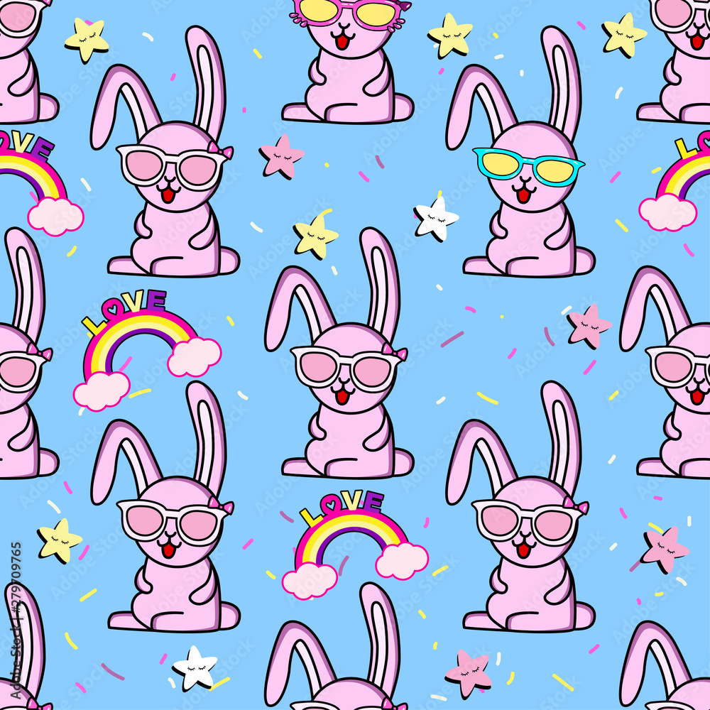 Cute kids rabbit pattern for girls and boys. Colorful rabbit, stars ...