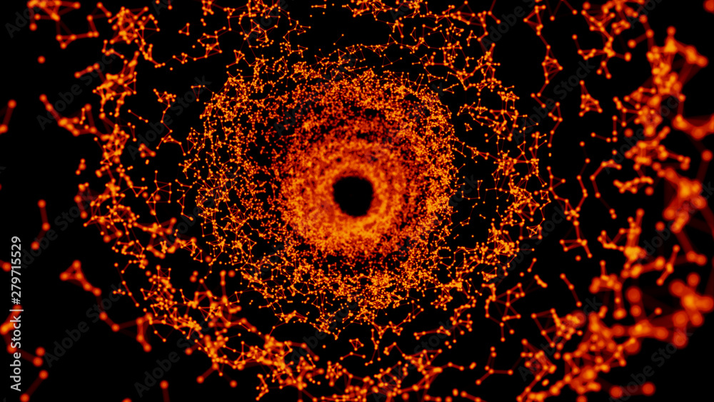 Abstract interstellar tunnel or portal. 3D wormhole of particles connected by lines. 4K ...
