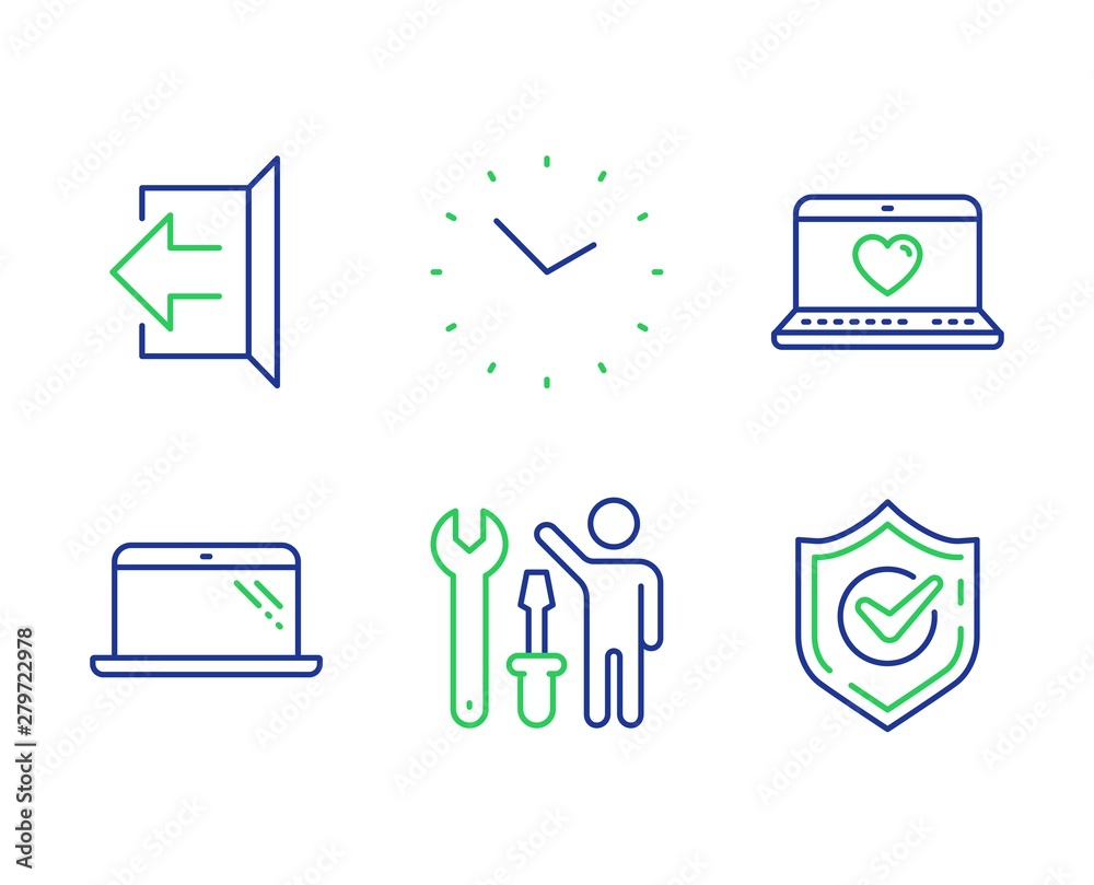 Sign out, Web love and Repairman line icons set. Time, Laptop and ...