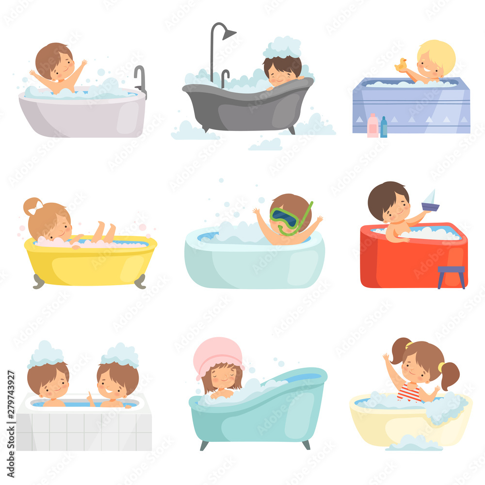 Cute Little Kids Bathing and Having Fun in Bathtub Set, Adorable Boys ...