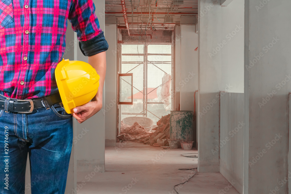 engineering hand holding helmet yellow safety. check interior renovate ...