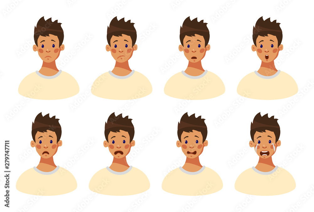 Set of 8 negative male emotions. Facial expression boy teenager. Head ...