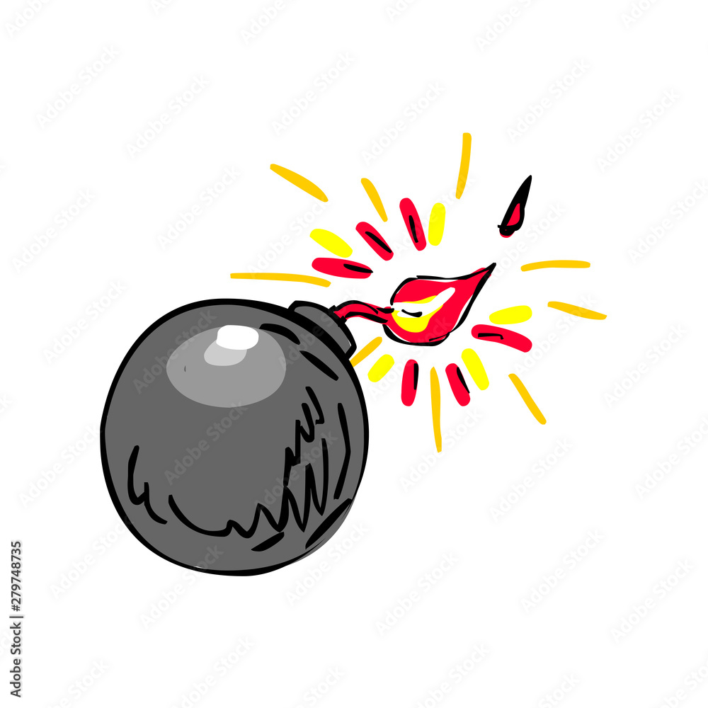 Drawing sketch style illustration of a black ball bomb with burning ...