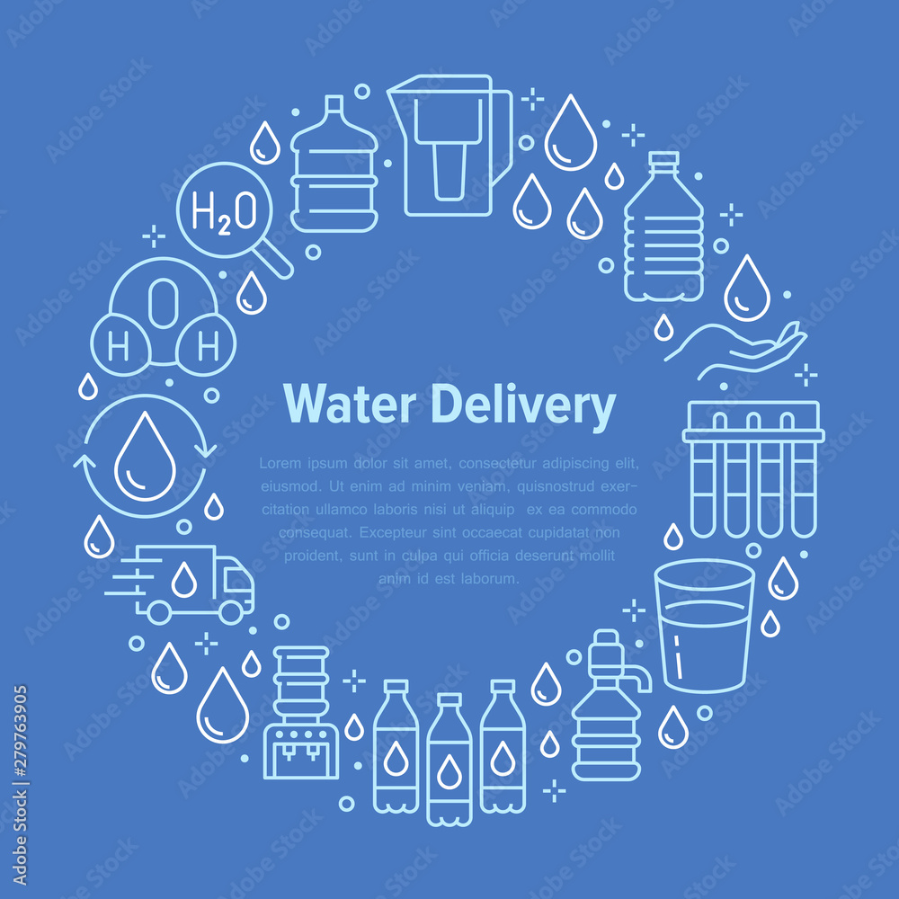 Pure water vector circle banner with flat line icons. Aqua filter ...
