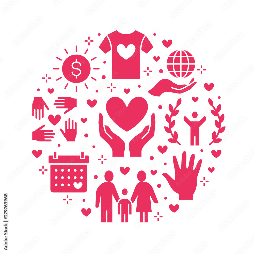 Charity vector circle banner with flat silhouette icons. Donation ...