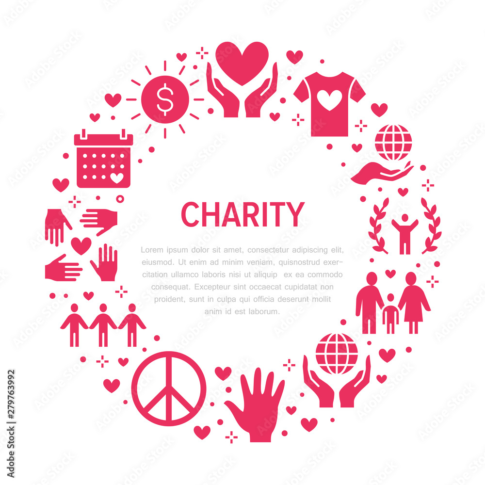 Charity vector circle banner with flat silhouette icons. Donation ...