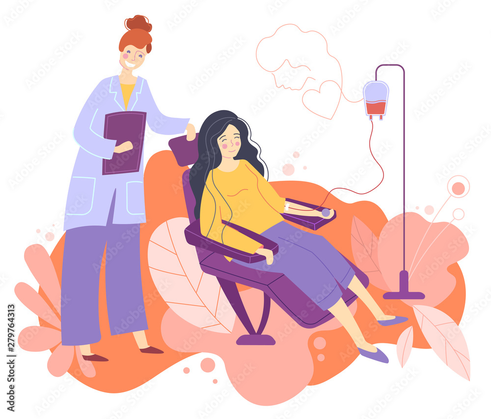 Volunteer Female Character Sitting in Medical Hospital Chairs Donating ...