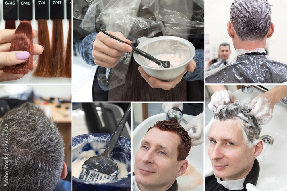 Coloring gray hair collage. Collage showing phases of hair coloring in ...