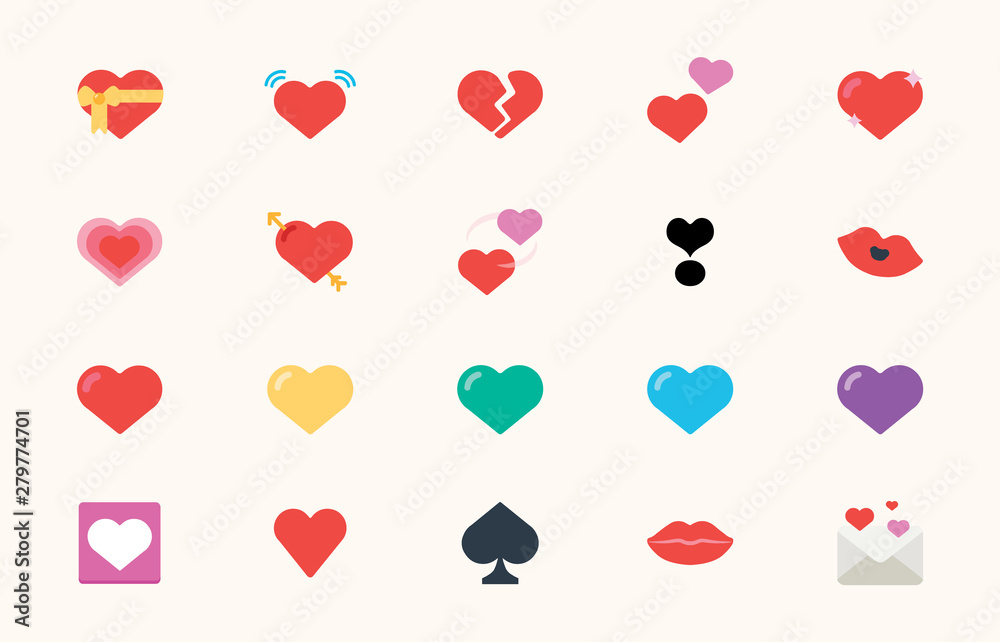 Heart Love Flat Vector Icons. Different Heart Shapes, Emojis ...