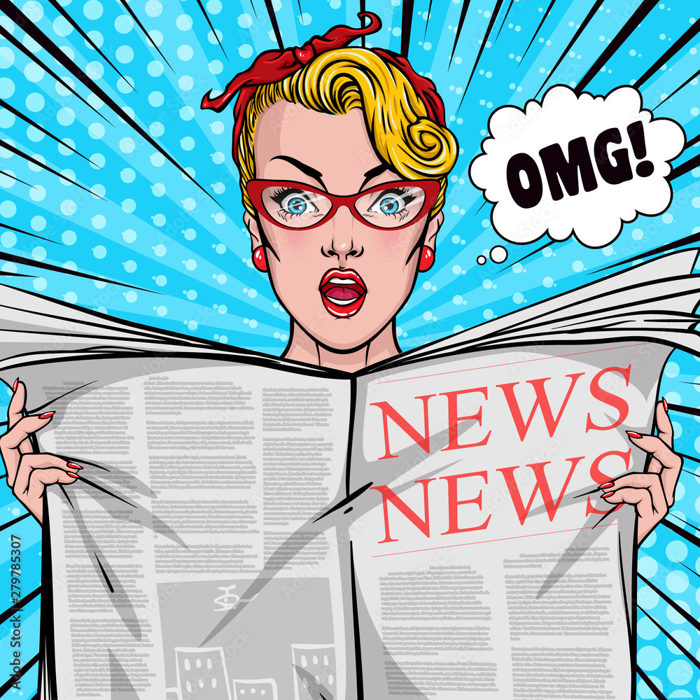 Vetor do Stock: Pretty woman reading tabloid newspaper with anxious and ...