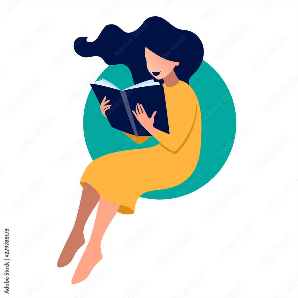 Vector illustration of girl reading a book in flat art style with ...
