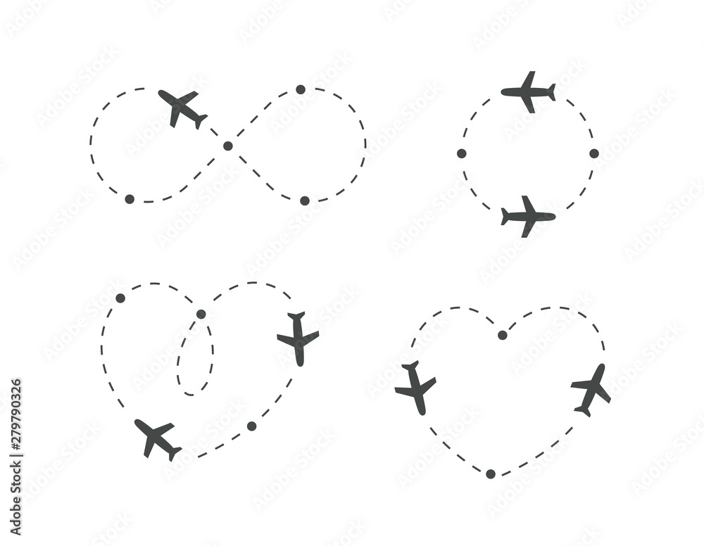 Airplane dotted route, icon set. Plane silhouette and flight path. Path ...