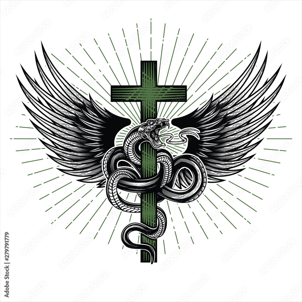 Snake with wings wrapped around a cross. Hand drawn vector illustration ...