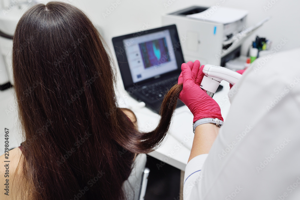 doctor dermatologist diagnoses the structure of the hair of a young ...