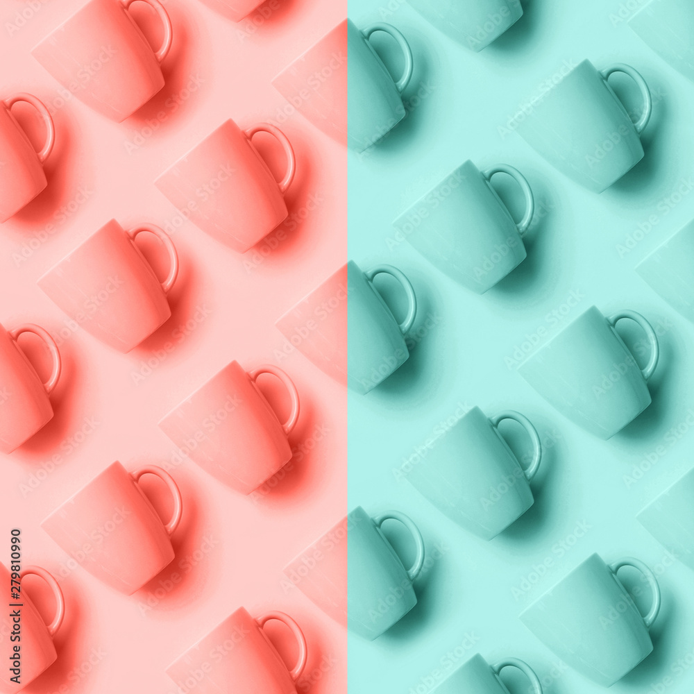 Duo tone pattern from pink cups over trendy coral and blue color ...