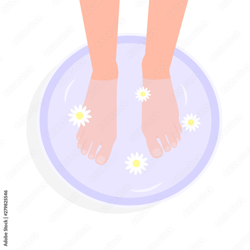 Feminine feet in foot bath with flowers isolated on white background ...