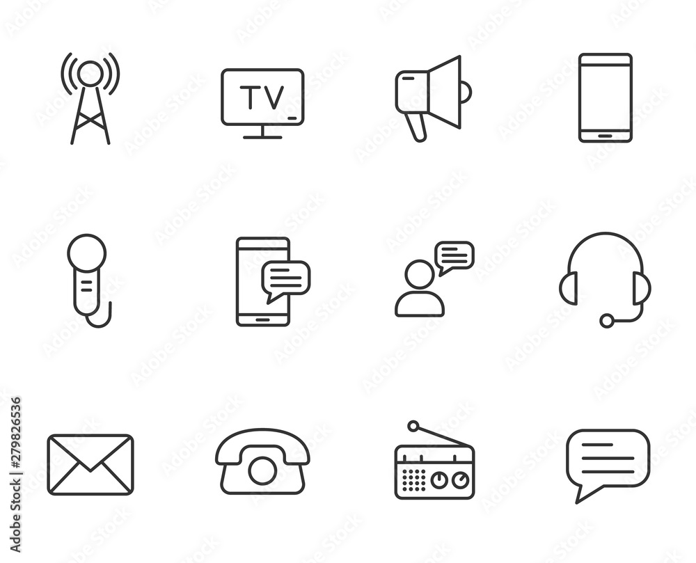 media communication outline vector icons set isolated on white ...